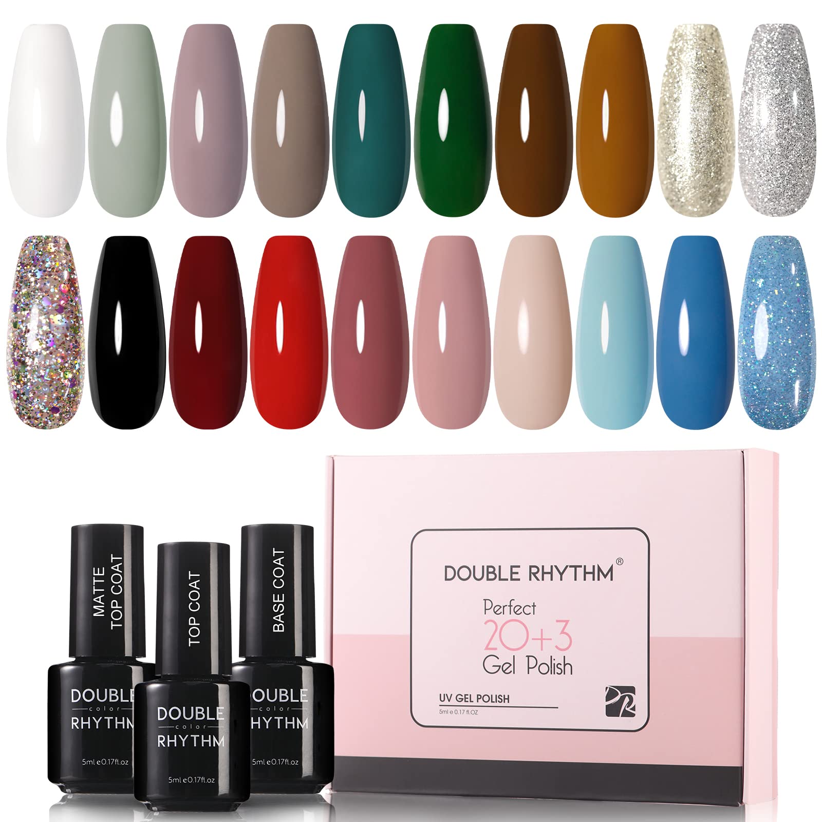 Double Rhythm Gel Nail Polish Set -20 Colors Gel Polish Kit with 1 Base ...