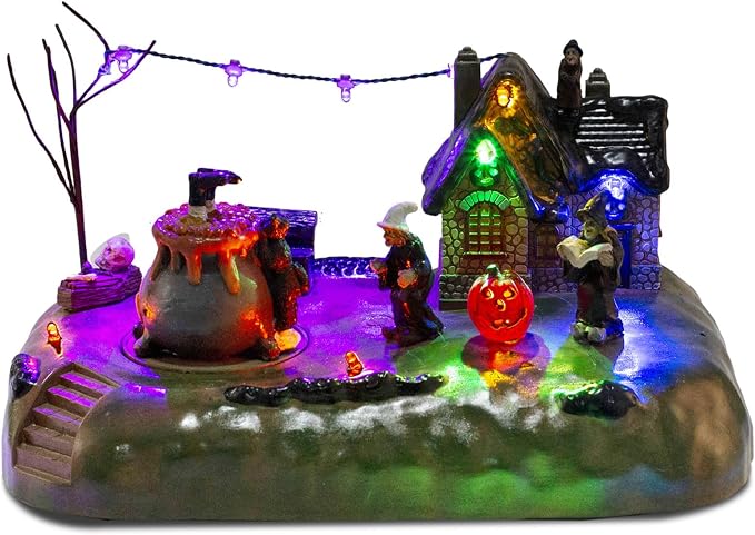 Amazon.com: YOIUBASIA Halloween Village Witch Cauldron Bubble Figurine ...