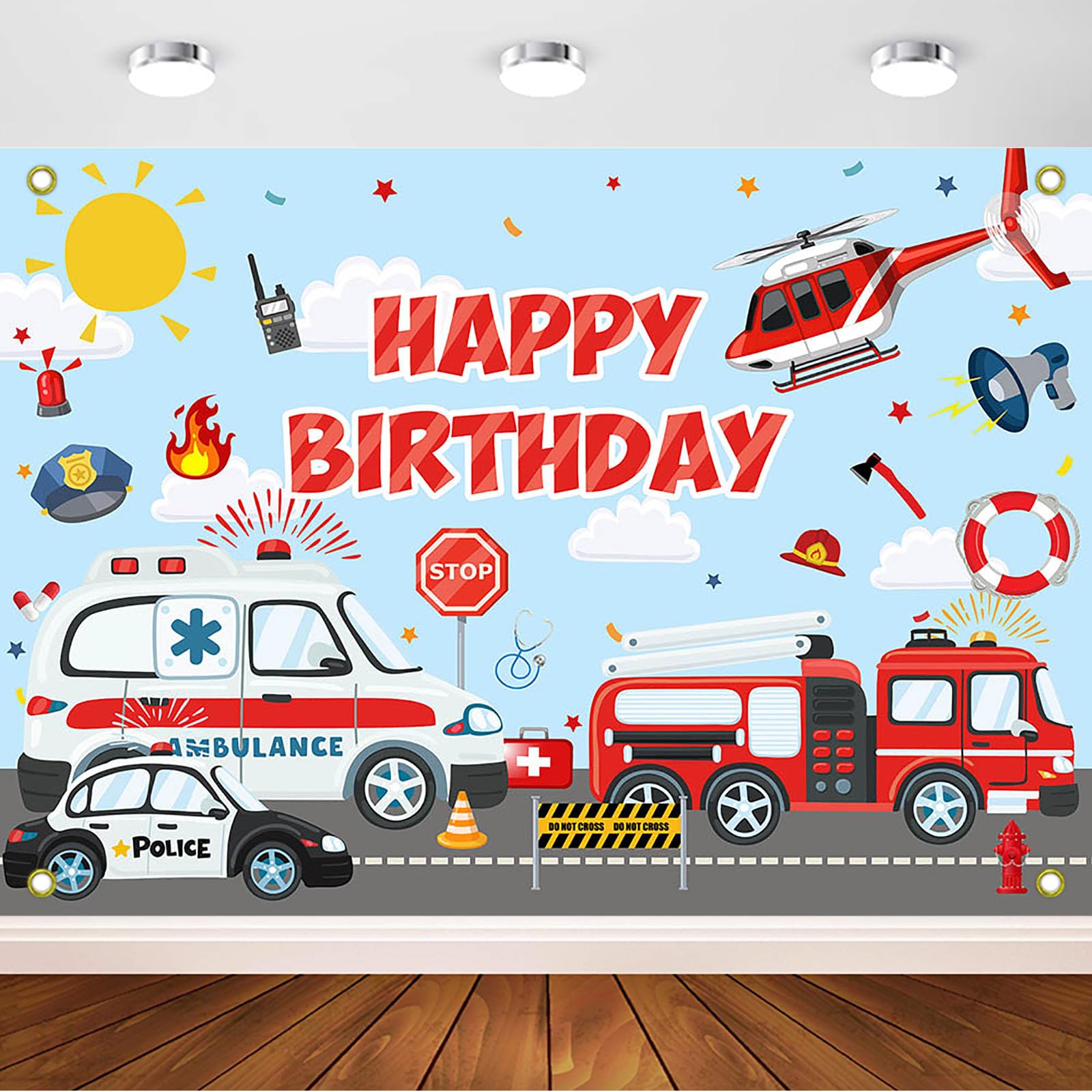 Transportation Birthday Backdrop Police Ambulance Truck