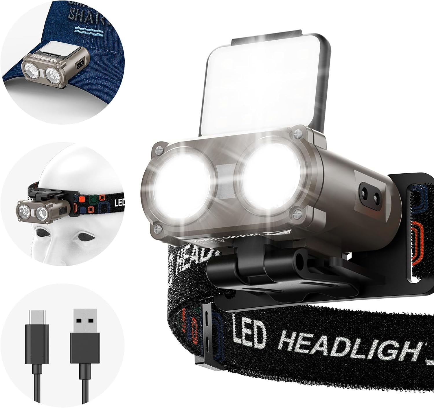 Smiling Shark Luz LED con clip, faro USB recargable impermeable con 2 ...