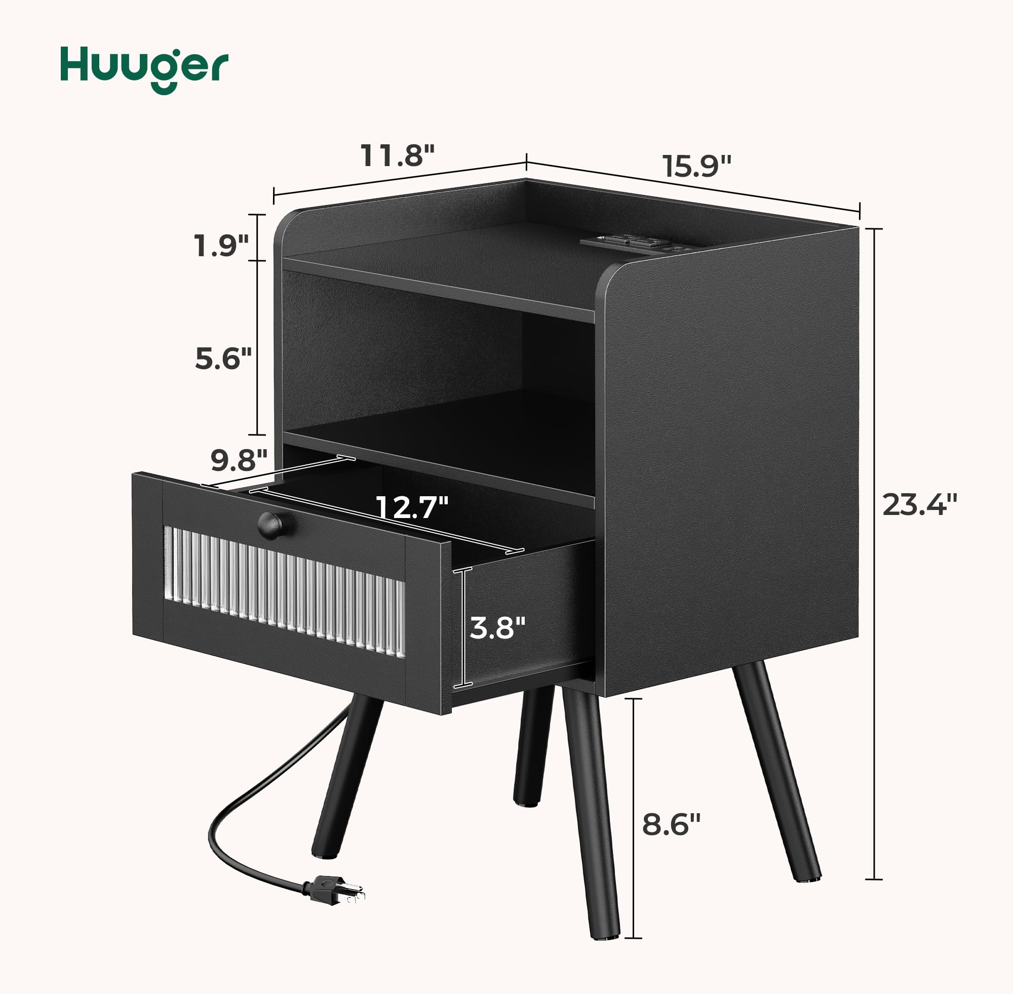 Huuger Night Stand Set 2, Nightstand with Charging Station and LED ...