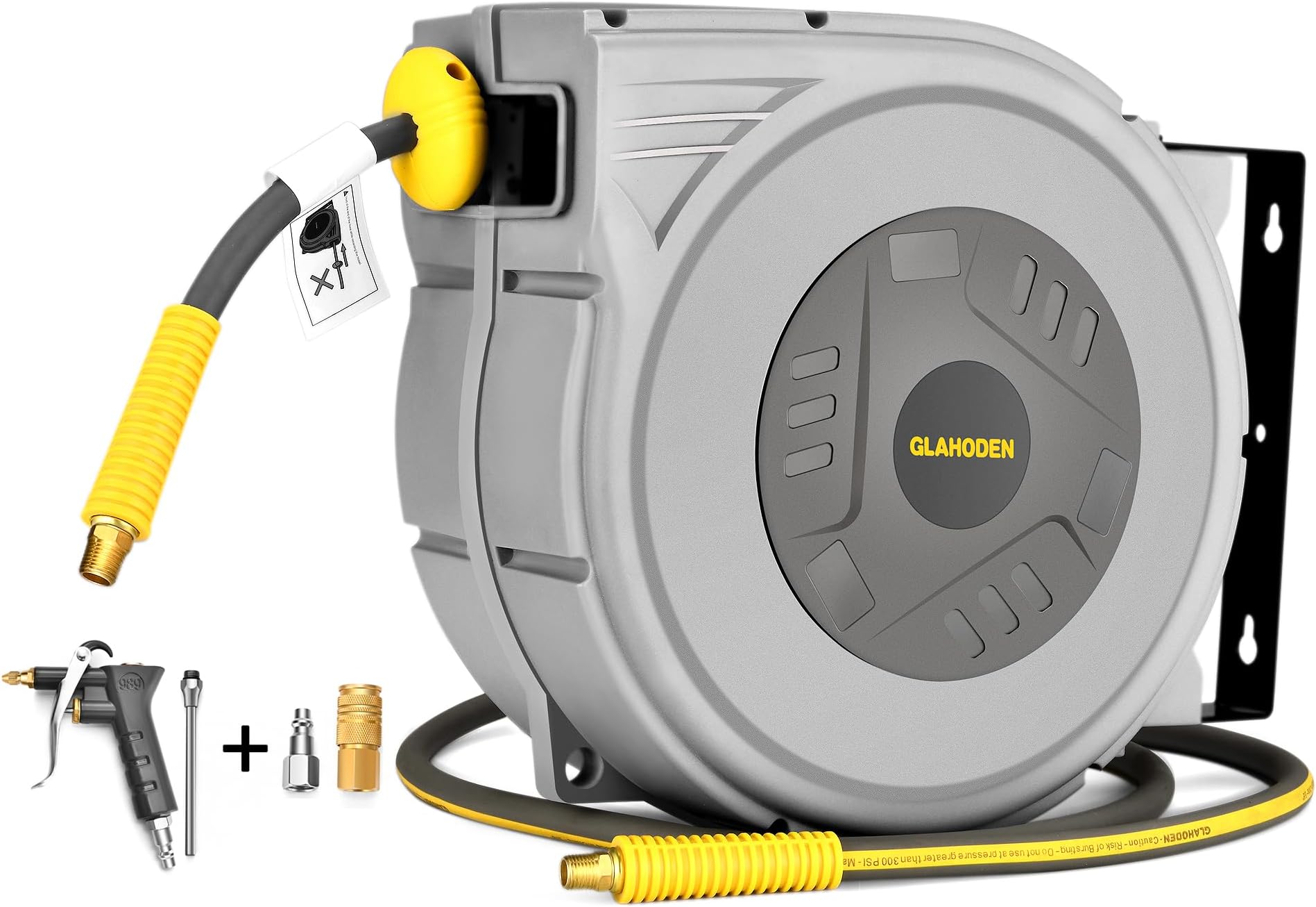 GLAHODEN Enclosed Retractable Air Hose Reel, 3/8in x 65 Ft Hybrid Hose ...
