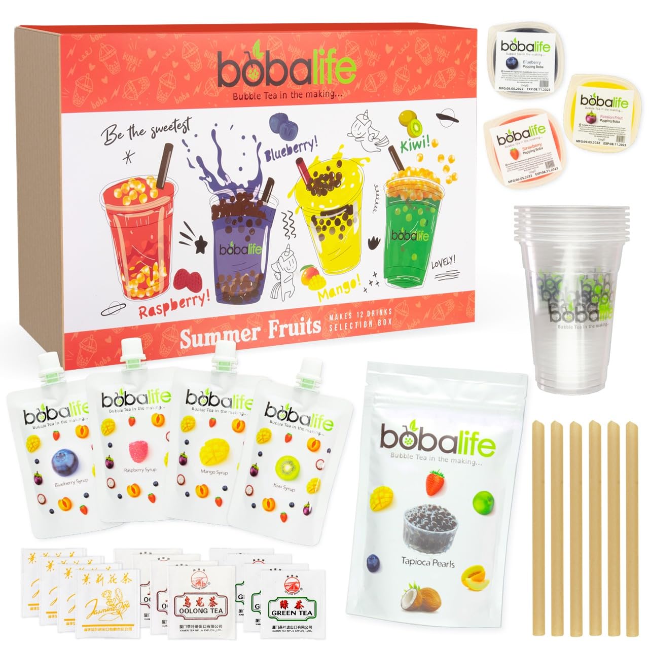 Amazon.com: Bubble Tea Kit Gift Box - Summerfruit Selection Makes 12 ...