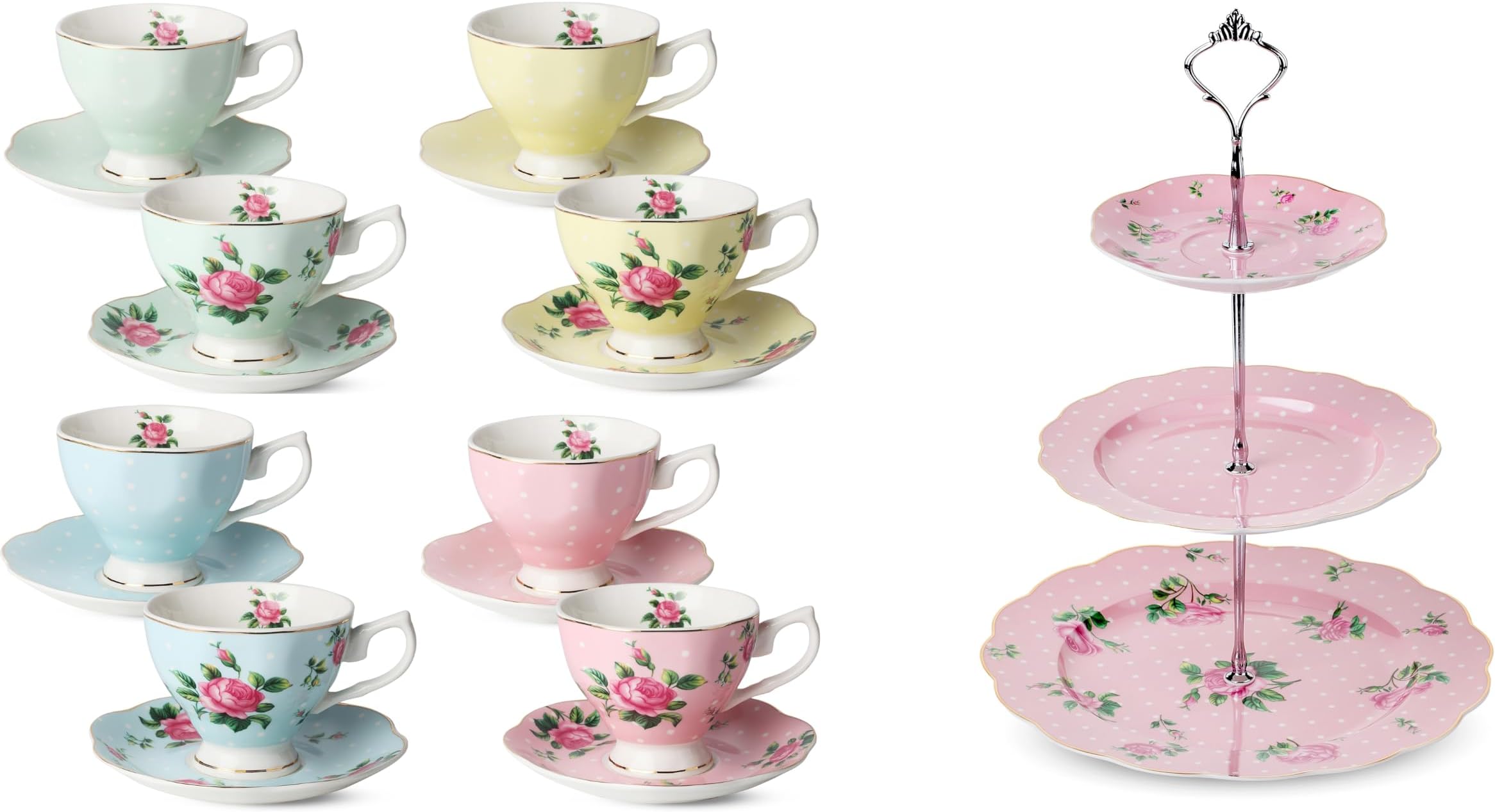 Amazon.com: BTaT- Floral Tea Cups and Saucers, Set of 8, 8 oz and 3 ...