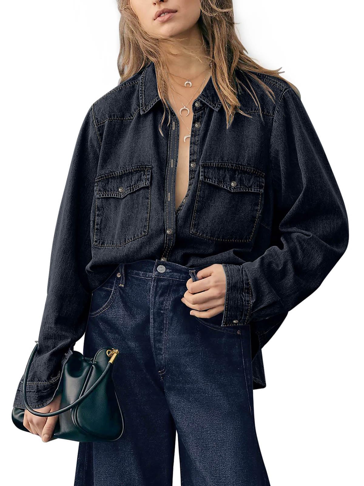 Paintcolors Womens Button Down Denim Shirt Regular Fit Long Sleeve ...