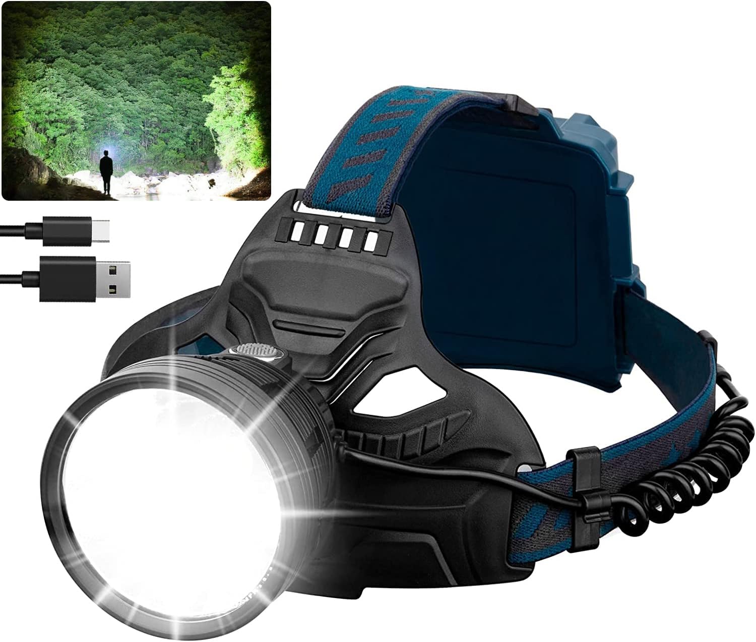 PEAKRO Head Torch Rechargeable, LED Headlamp Super Bright 90000 Lumen 4 Modes with Red Rear ...