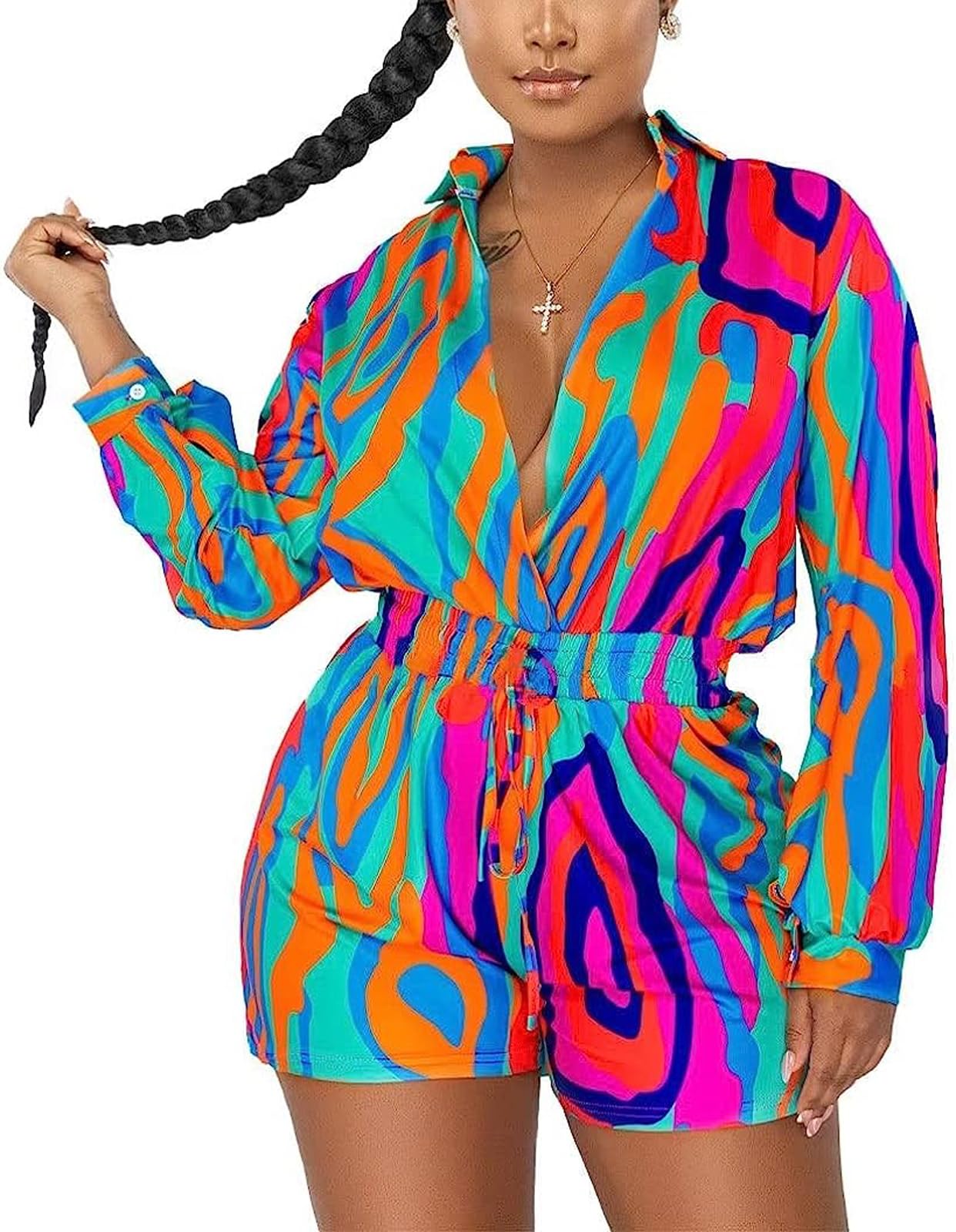 Women's Long Sleeve Rompers Sexy Deep V Neck Elastic Waisted Floral ...