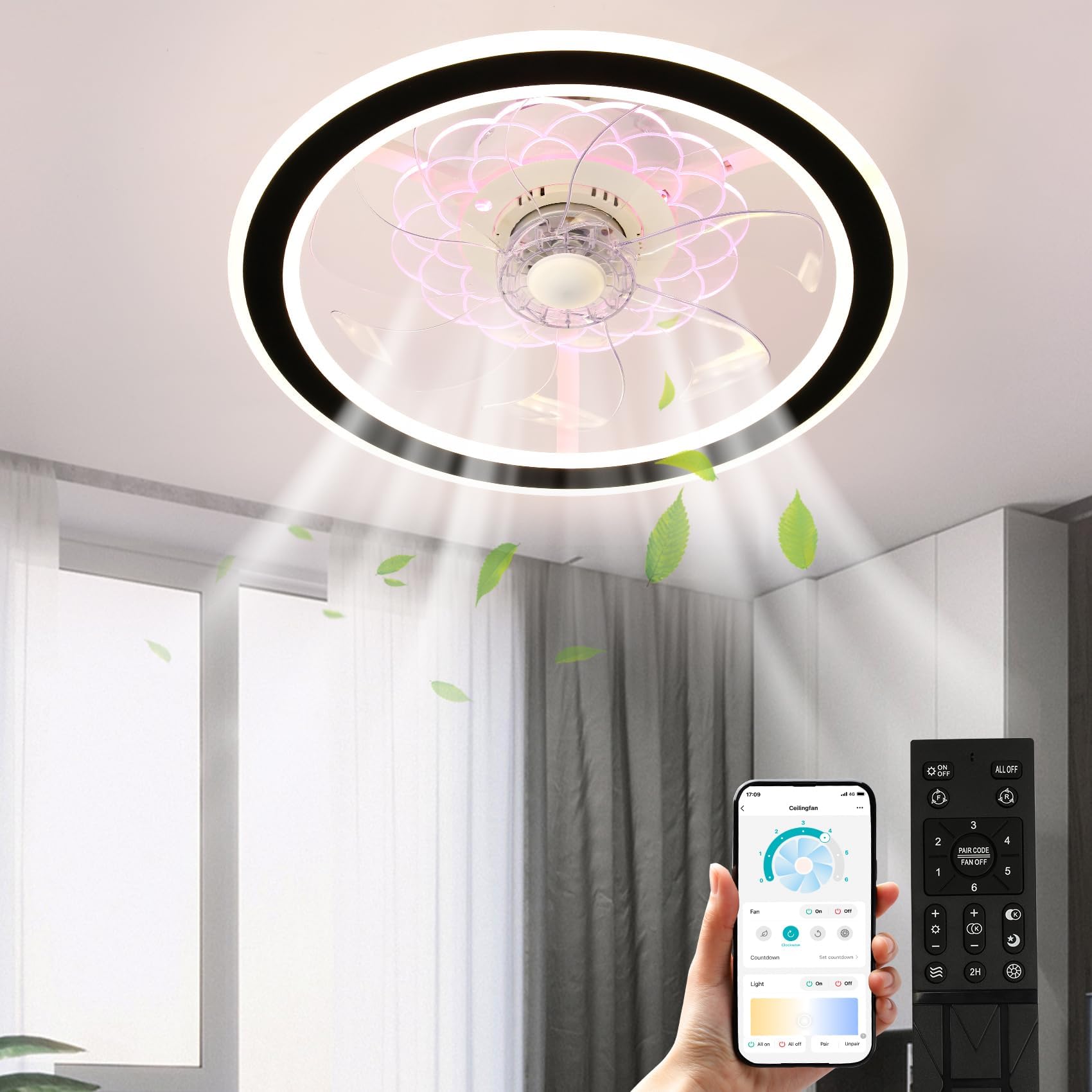 TCFUNDY Enclosed Low Profile Ceiling Fan with Light, Bluetooth Speaker ...