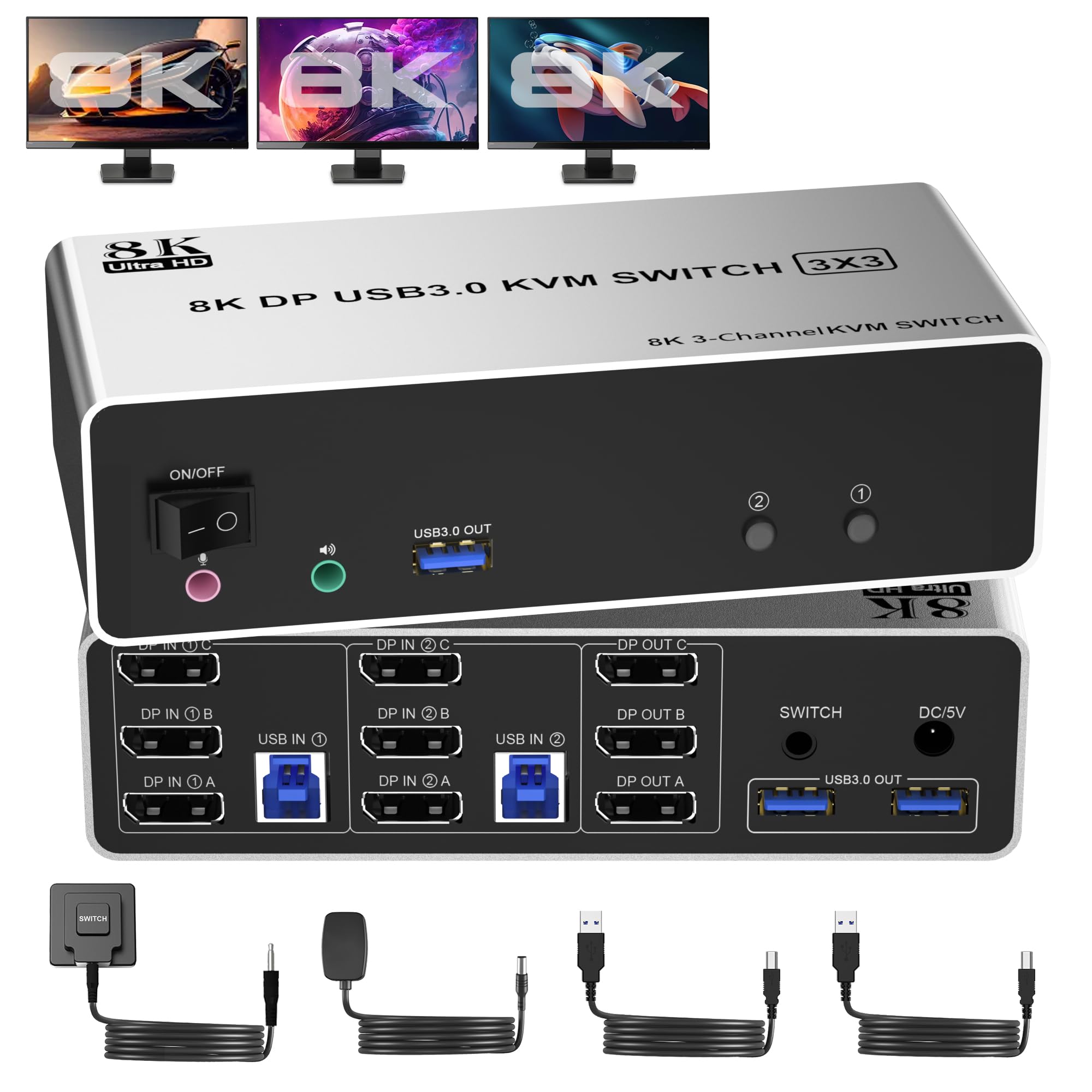 8K@60Hz KVM Switch 3 Monitors 2 Computers 4K@144Hz, Displayport KVM ...