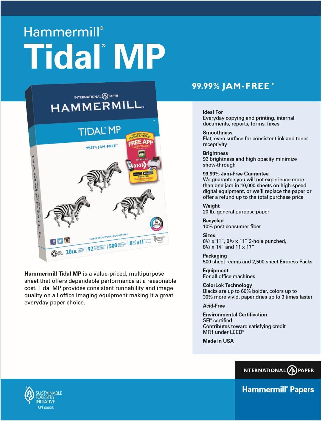 Hammermill Paper Tidal Multiuso, 20lb., 92 Bright, 8.5 x 11, 5.000 ...