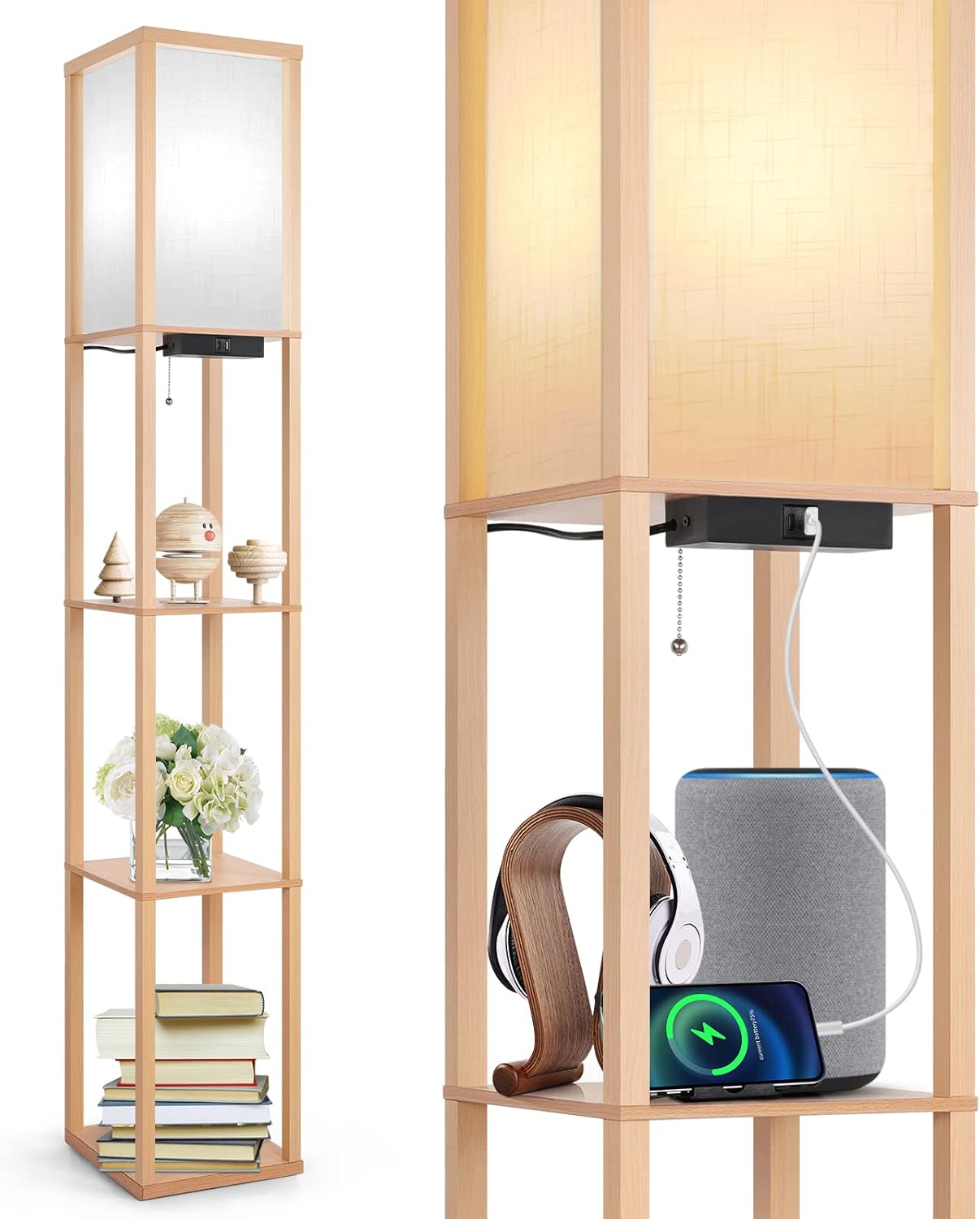 OUTON Floor Lamp with Shelves, LED Column Modern Floor Lamp with USB ...