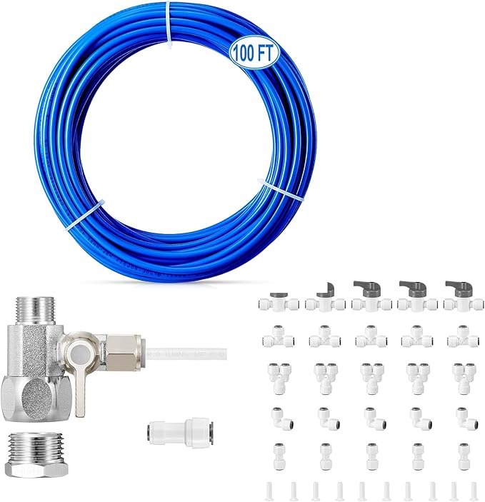 100FT 1/4 Inch RO Water Tubing + Feed Water Adapter 3/8"x3/8"x1/4" or G ...