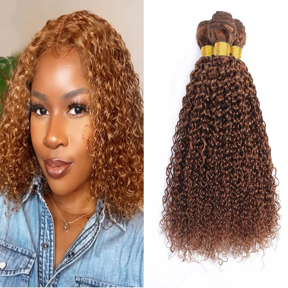 Amazon.com : Light Brown Curly Wave Bundles Human Hair Color 30 Brown ...
