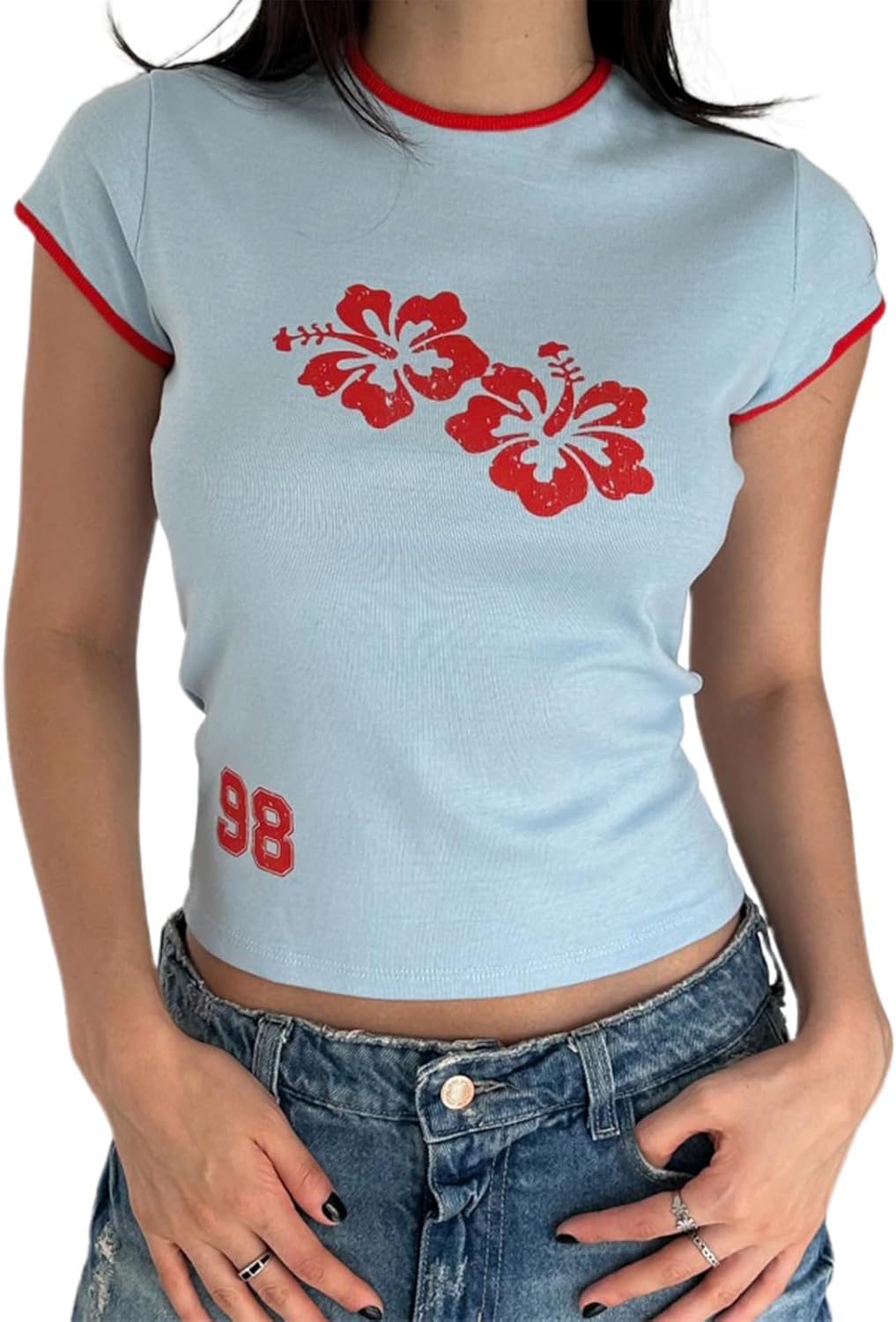 Women Hawaii Hibiscus Baby Tees Y2K Short Sleeve Crewneck Slim Crop Top ...