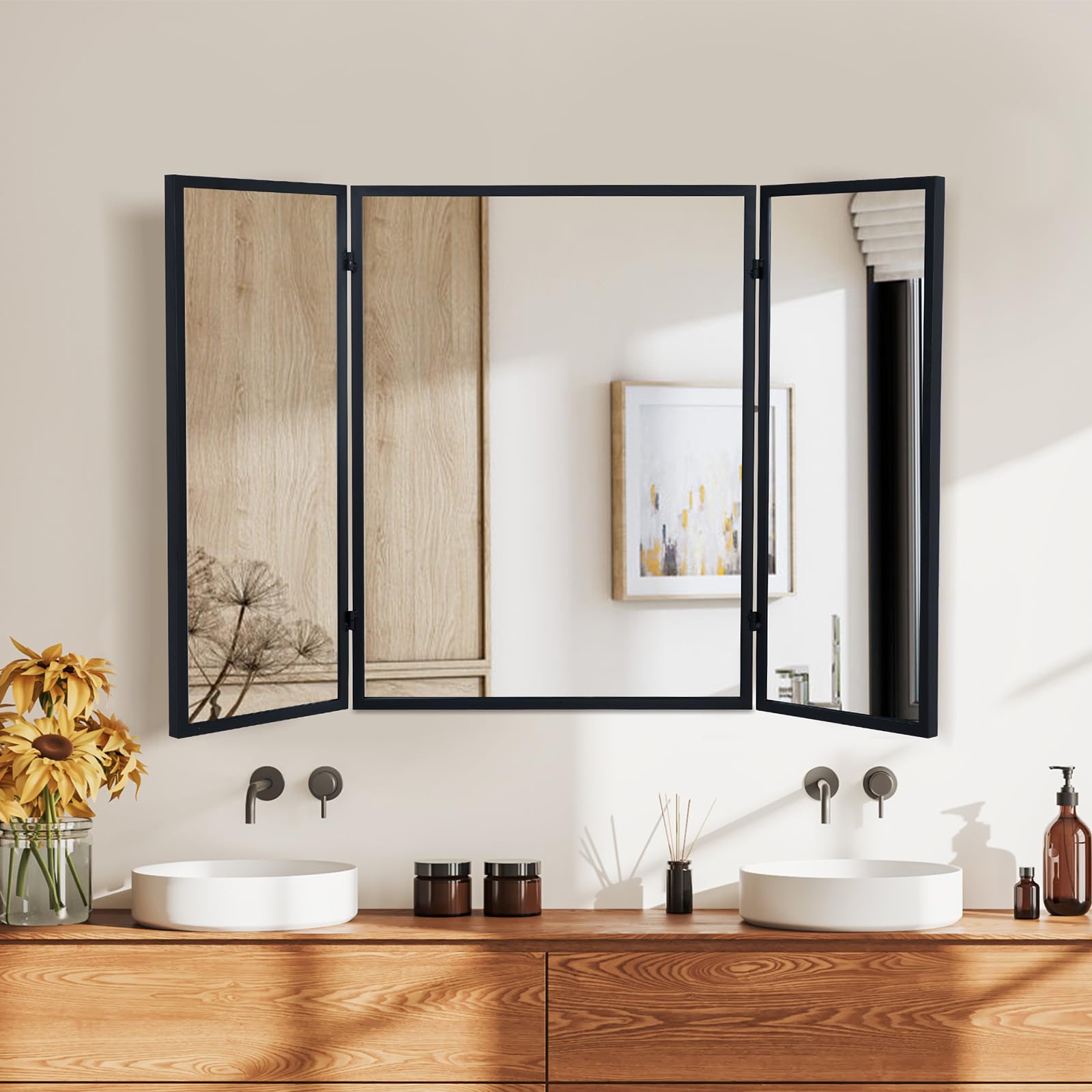 blue page 3 Way Black Mirror for Bathroom Sink, Trifold Large Mirror ...