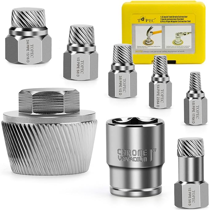 Topec 1.5'' Tub Drain Extractor, 8PCS Pipe Nipple Extractor Set with 1 ...