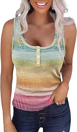 Rainbow Striped Ribbed Button Tank Tops Women Sleeveless Scoop Neck ...
