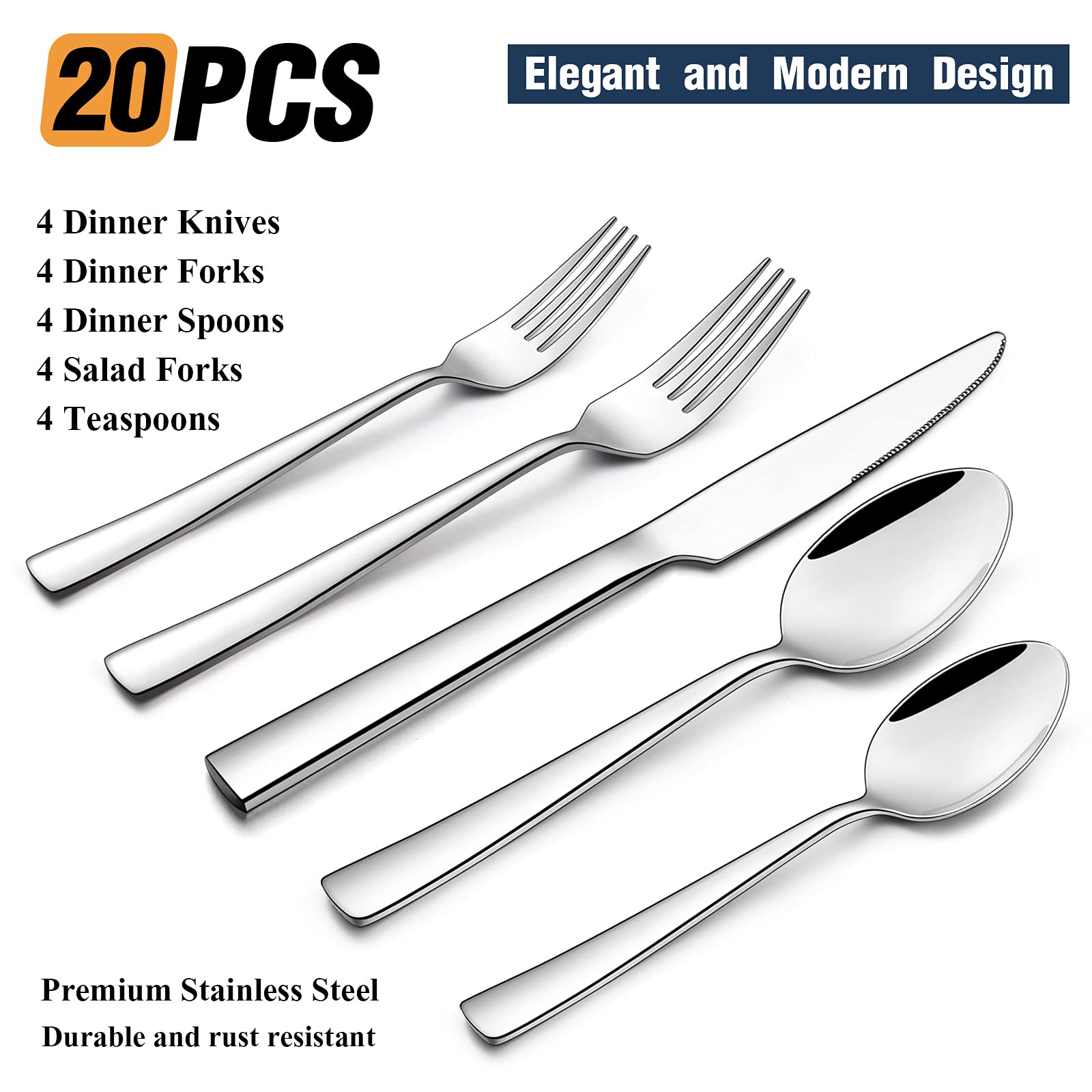 Snapklik.com : 20-Piece Silverware Set, Stainless Steel Flatware Square ...