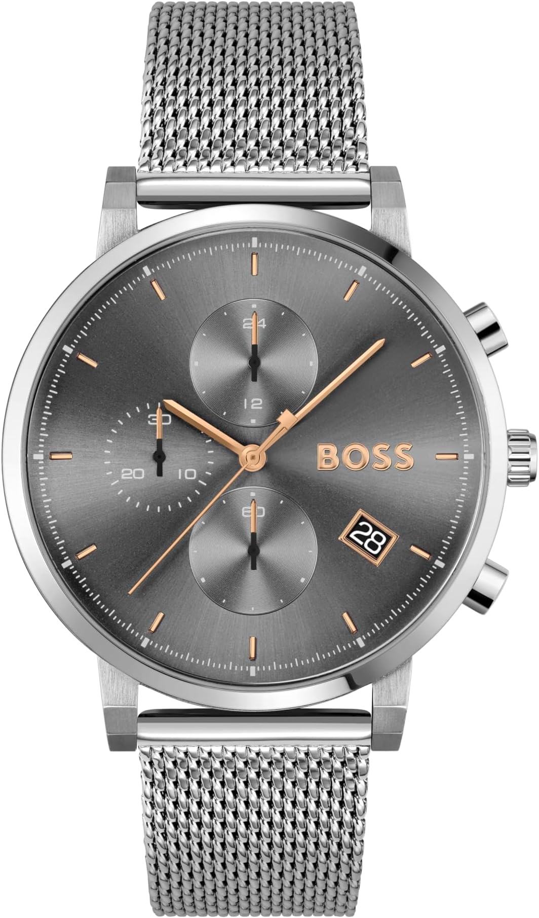 BOSS Chronograph Quarz Uhr für Herren mit Graues Edelstahl-Mesh ...