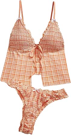 Amazon.com: GORGLITTER Women's Tie Front Gingham Tankini Swimsuits ...