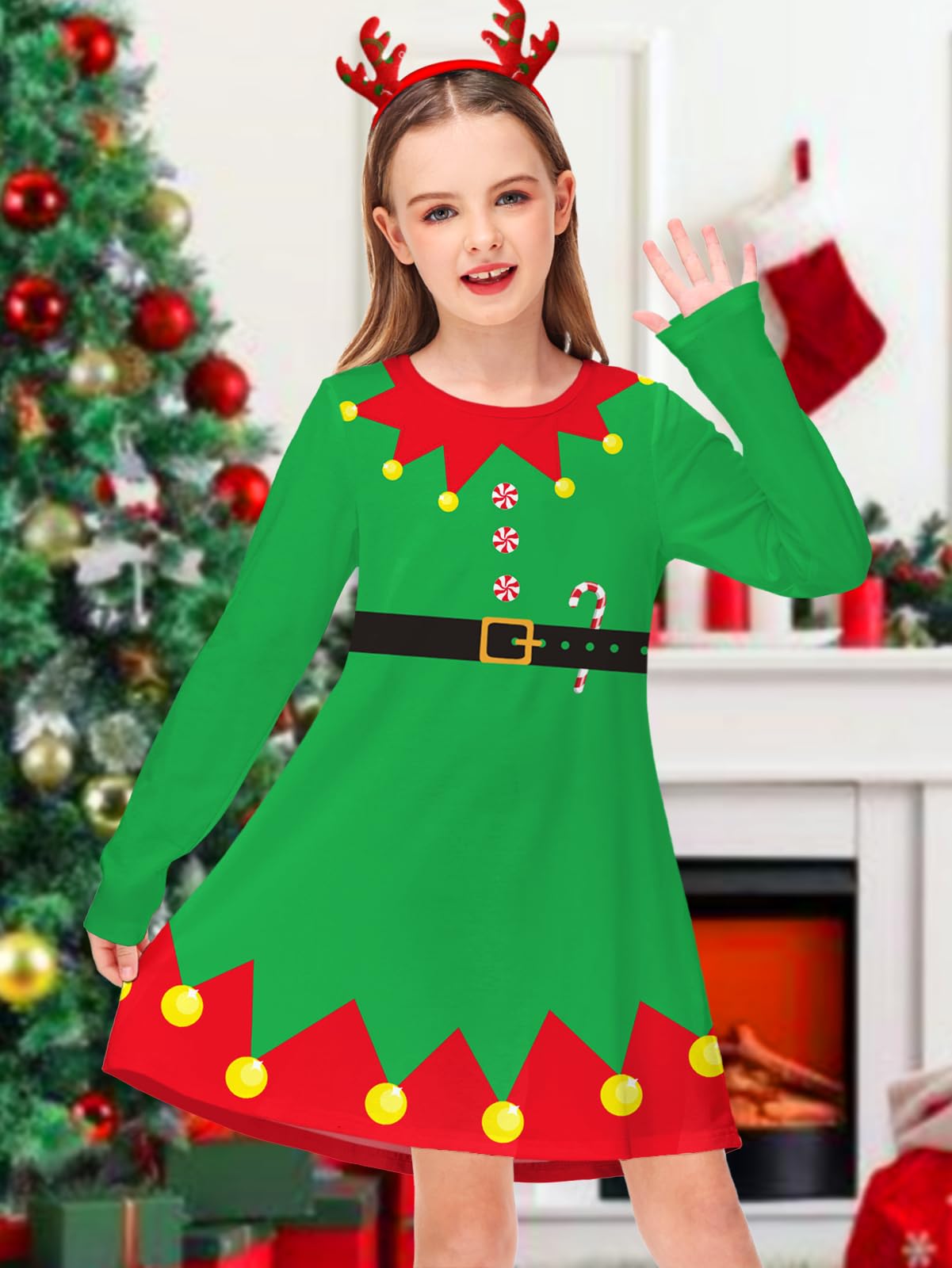 Snapklik.com : Christmas Green Dress For Girls Long Sleeve Xmas Elf ...