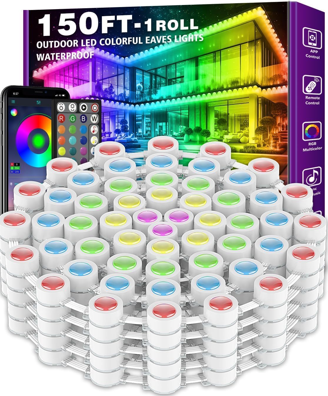 150FT Permanent Outdoor RGB Lights - IP67 Waterproof with Smart App ...