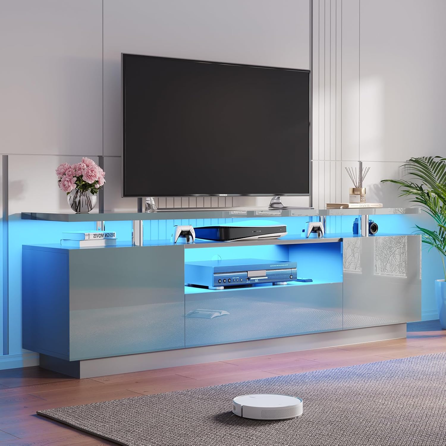 Amazon.com: LUXOAK 70in TV Stand with LED Light, Modern High Gloss ...