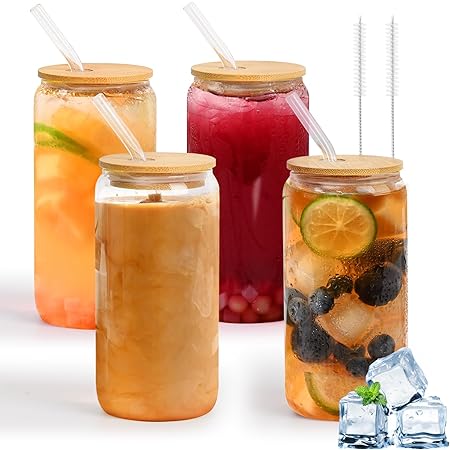 Amazon.com: HONFAA 4 Pack Glass Cups with Bamboo Lids and Glass Straw ...