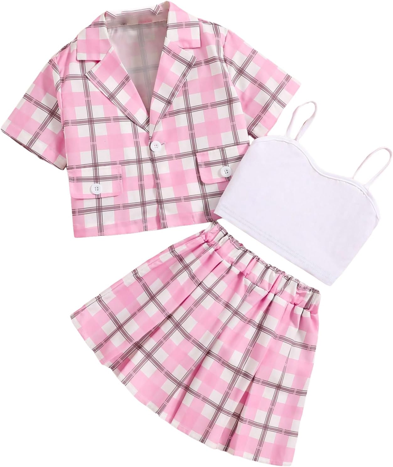 Amazon.com: OYOANGLE Girl's 3 Piece Outfits Plaid Print Short Sleeve ...