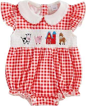 Amazon.com: Ysfanwuxi Baby Girl Farm Clothes Smocked Bubble Romper Farm Animal Ruffle Plaid ...