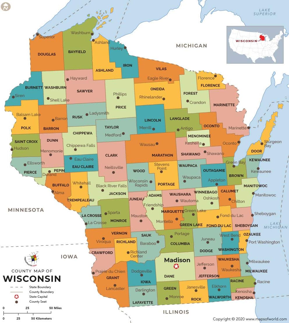 Wisconsin County Map (36" W x 40" H) : Amazon.ca: Office Products