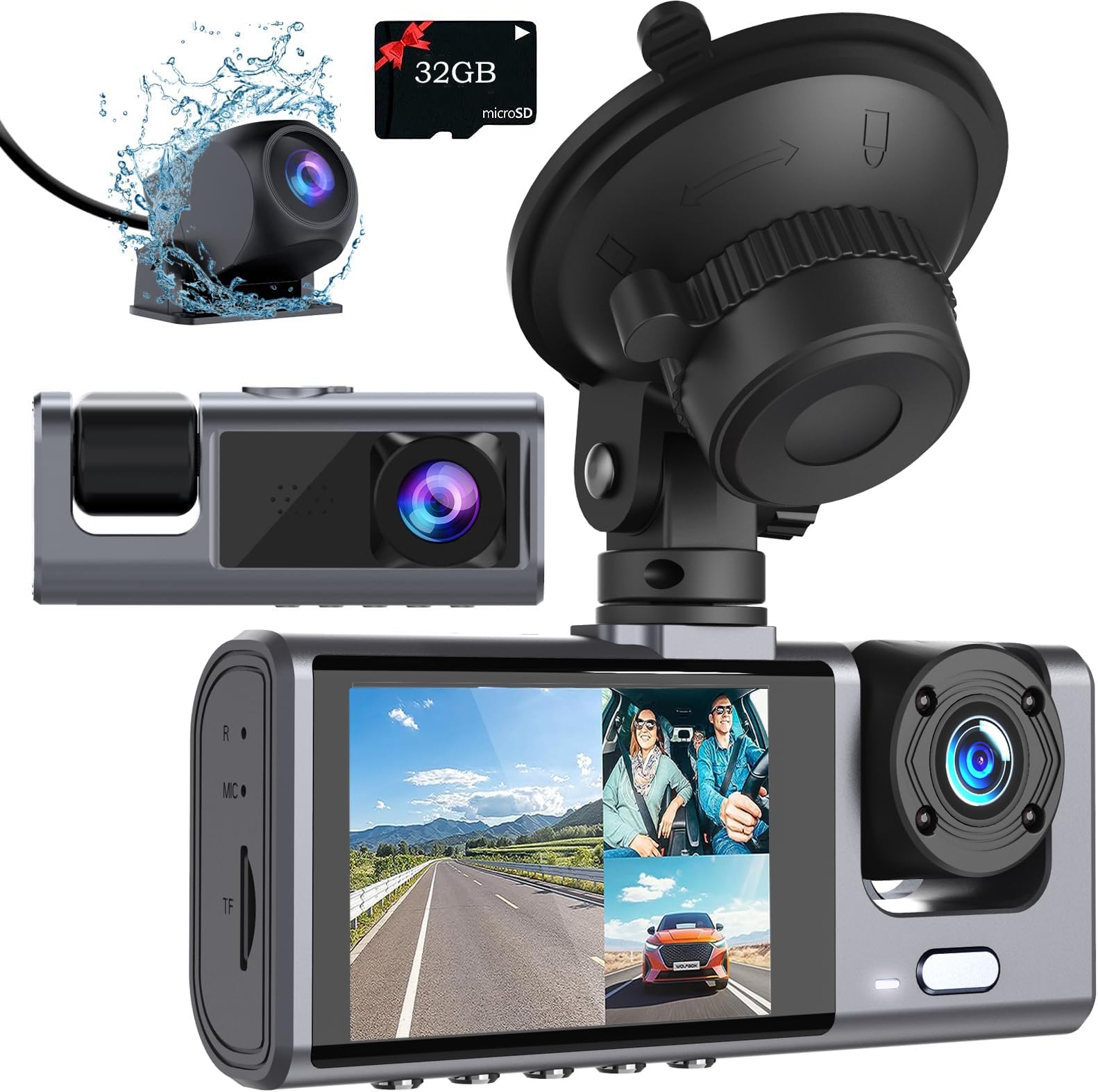 3 Channel Dash Cam Front and Rear Inside, 1080P Dash Camera for Cars ...