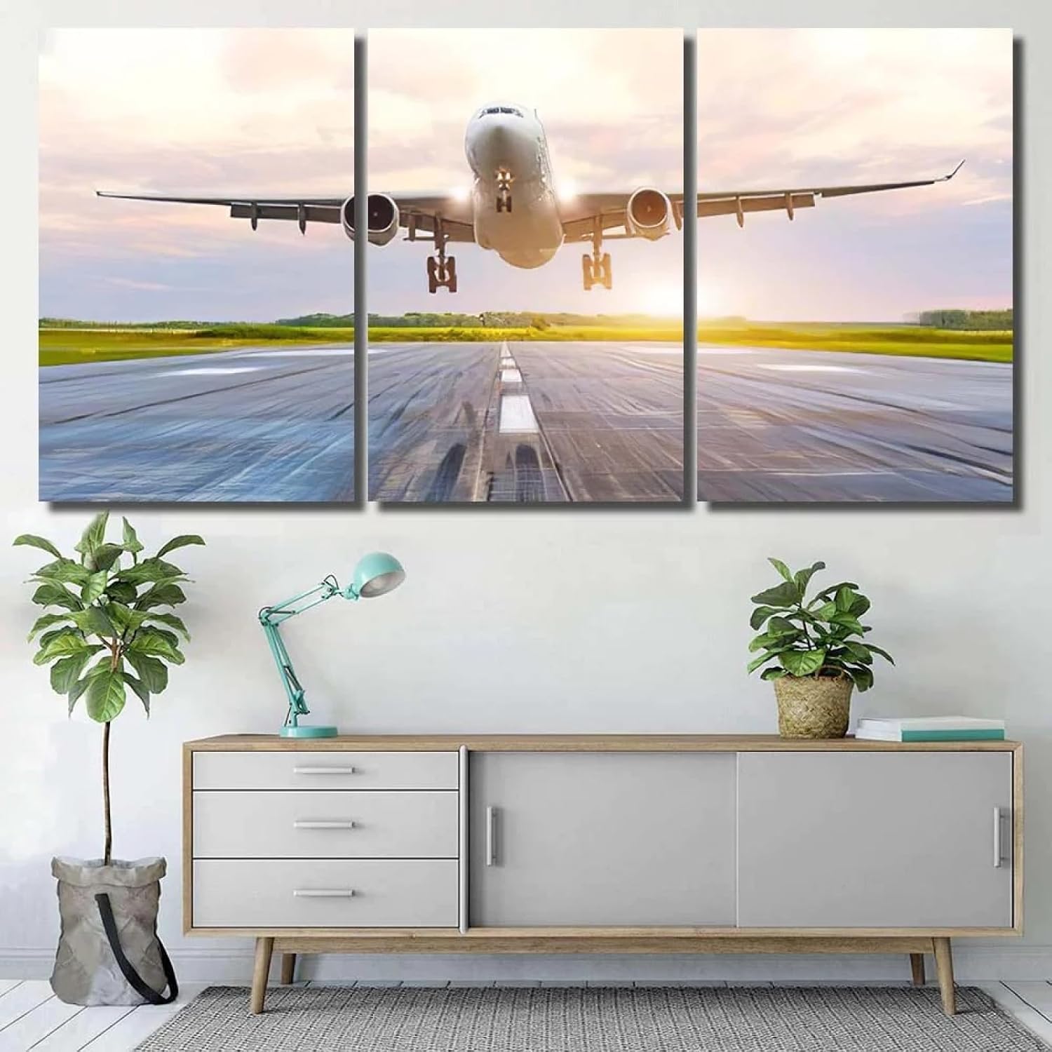 Amazon.com: Canvas Wall Art Decor 3 Piece Airplane Landing Sunset On ...