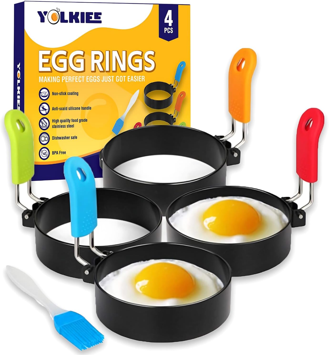 Yolkiee 4-Pack Non-Stick Stainless Steel Egg Rings with Handles