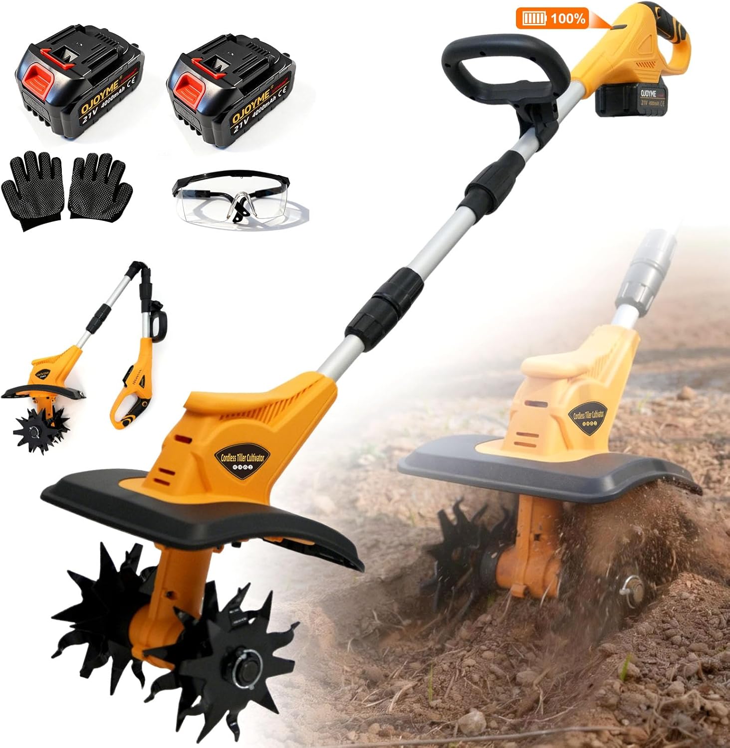 Amazon.com : OJOYME 21V Cordless Tiller Cultivator, 360RPM Electric ...