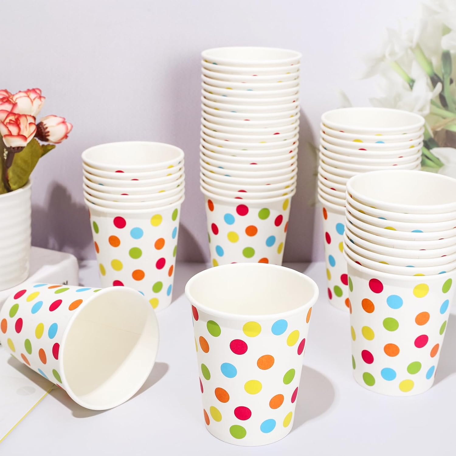 Amazon.com: Whaline 50Pcs 9Oz Disposable Coffee Cups Rainbow Polka Dots ...