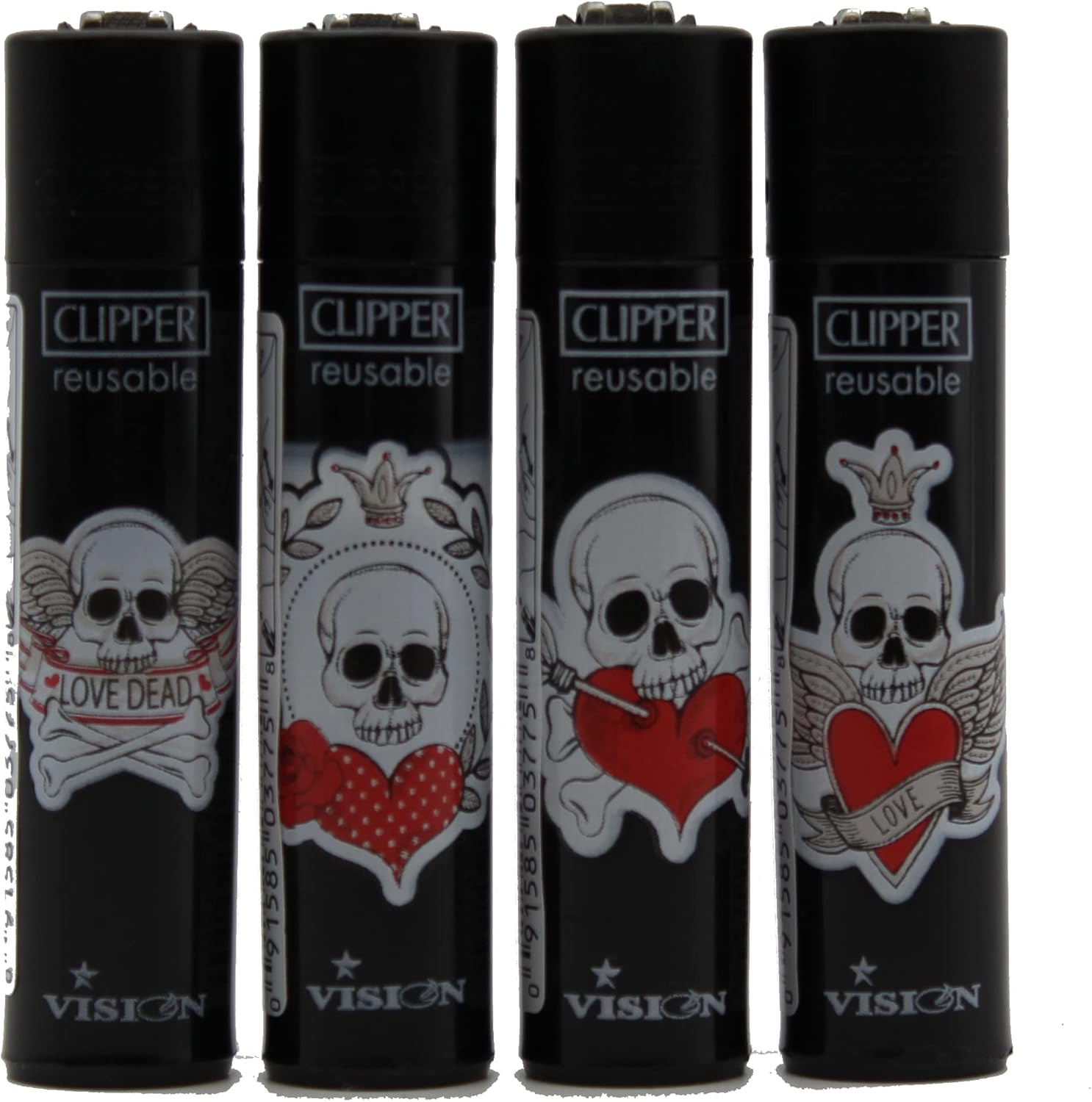 Amazon.com: 4 Clipper Black Lighters Skull and Hearts Design Re ...