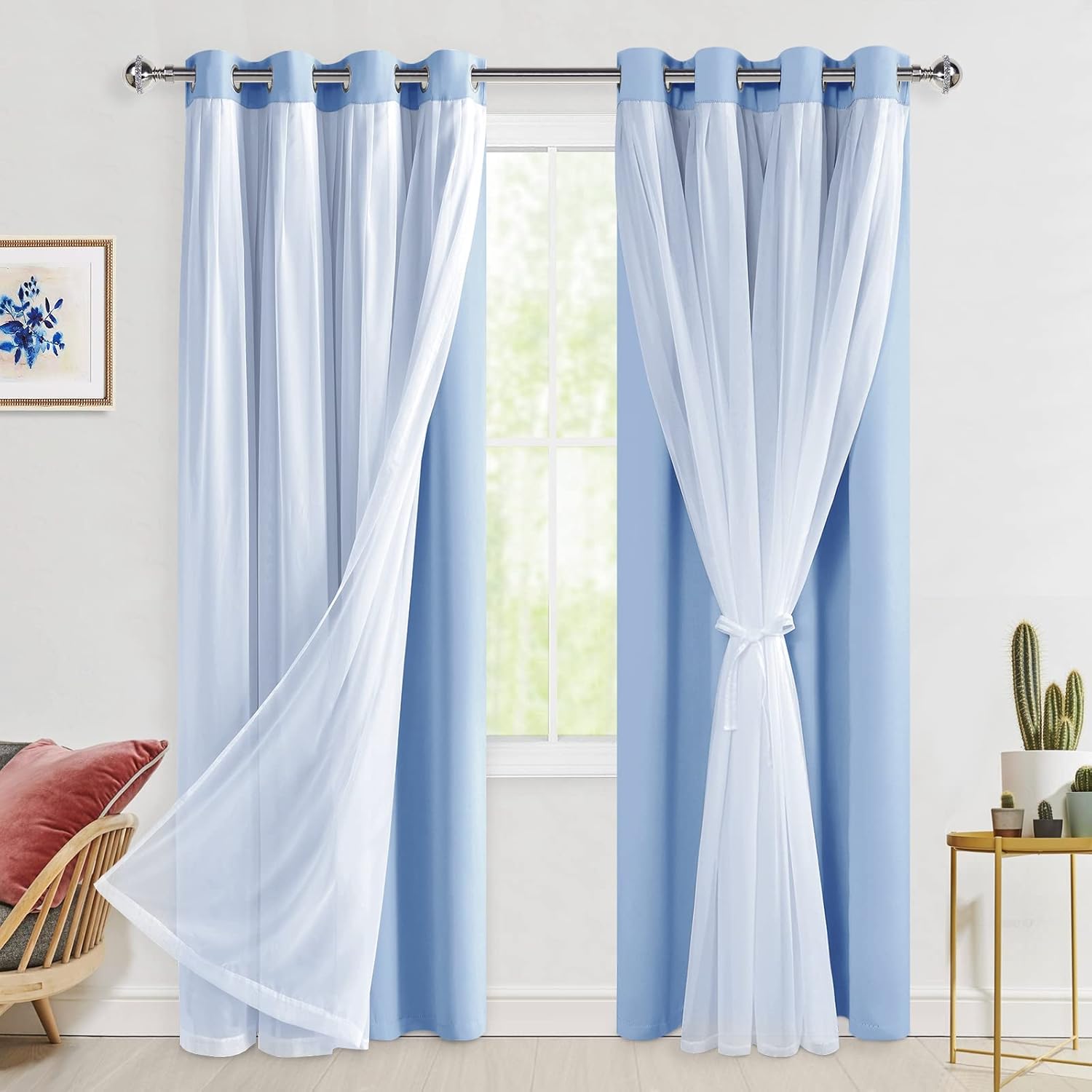 Amazon.com: Hiasan Baby Blue Blackout Curtains with Sheer 84 Inches ...