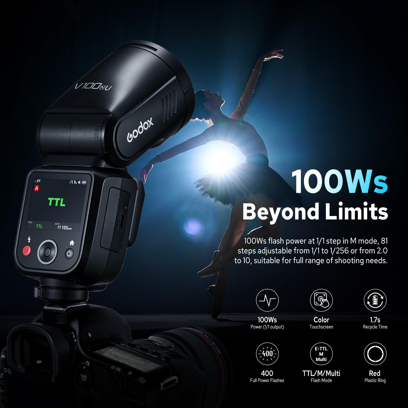 Godox V1 Pro Canon Godox V100-N 100Ws HSS TTL Li-ion Round Head ...