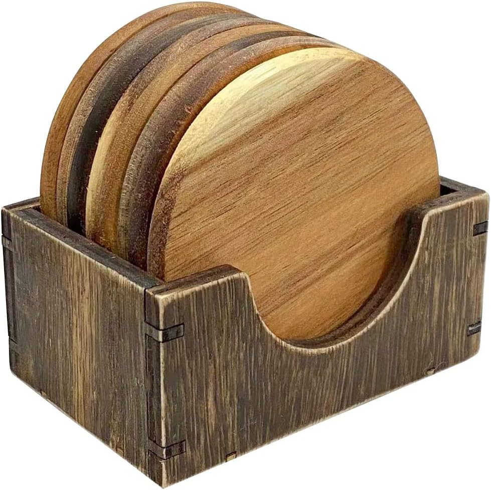 Amazon.com: Acacia Wood Drink Coasters with Rustic Holder, 3.68 Inch ...