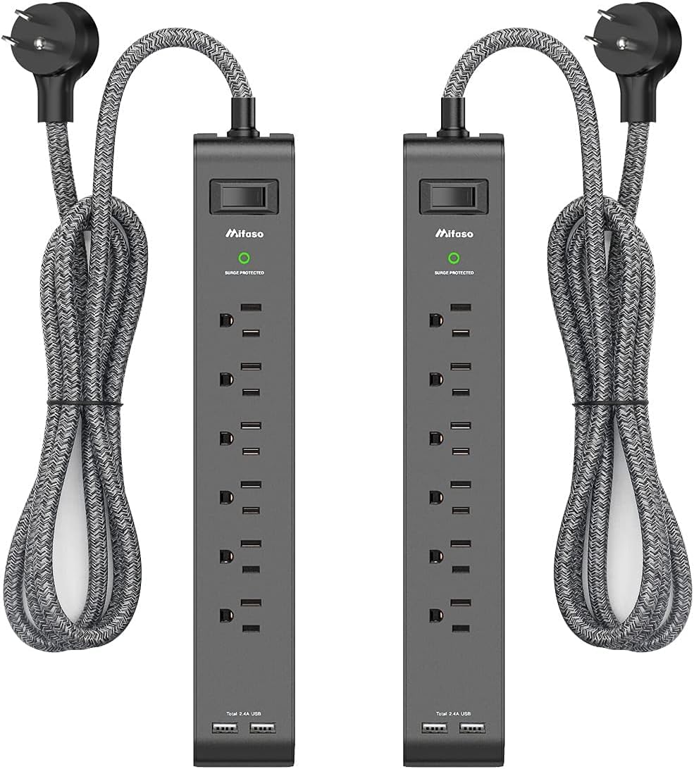 2 Pack Power Bar - Extension Cord with 6 Outlets 2 USB Ports, Surge ...