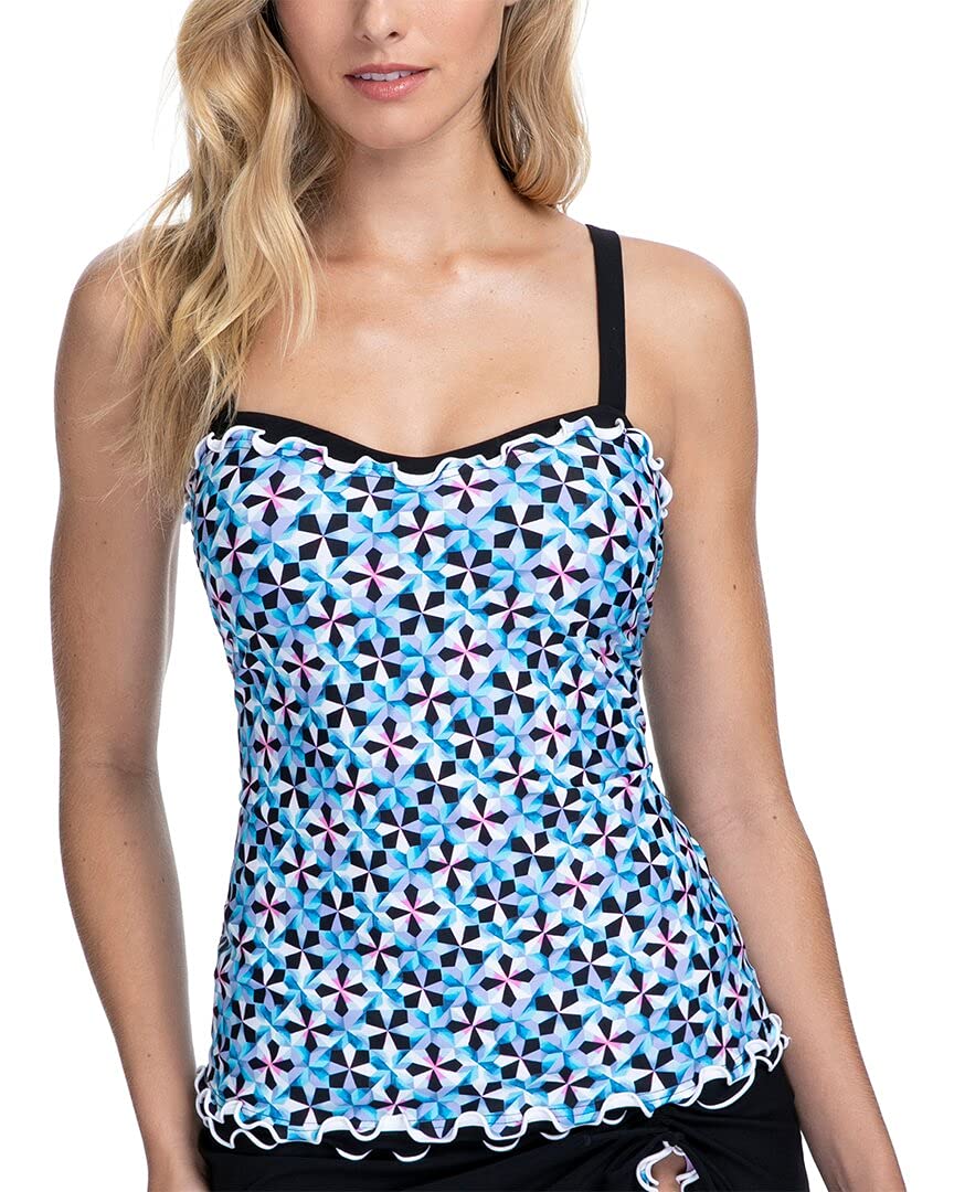 Women's Printed Lettuce Ruffle Sweetheart D-Cup Tankini Top Swimsuit ...