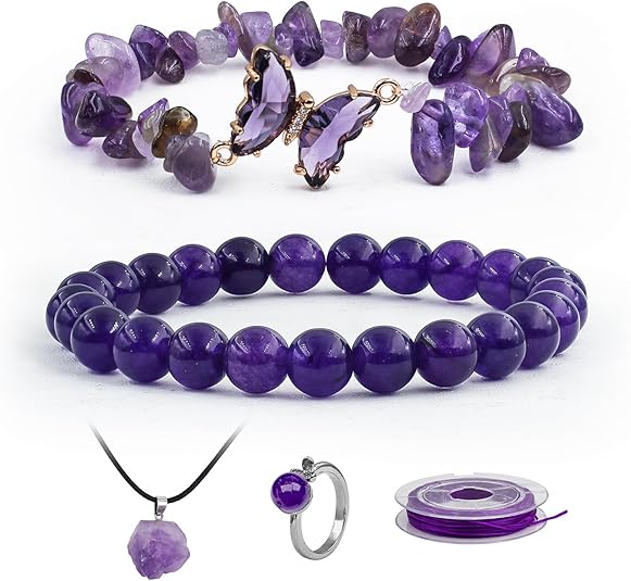 Amazon.com: 4PCS Amethyst Jewelry Set 8mm Healing Crystals Butterfly ...