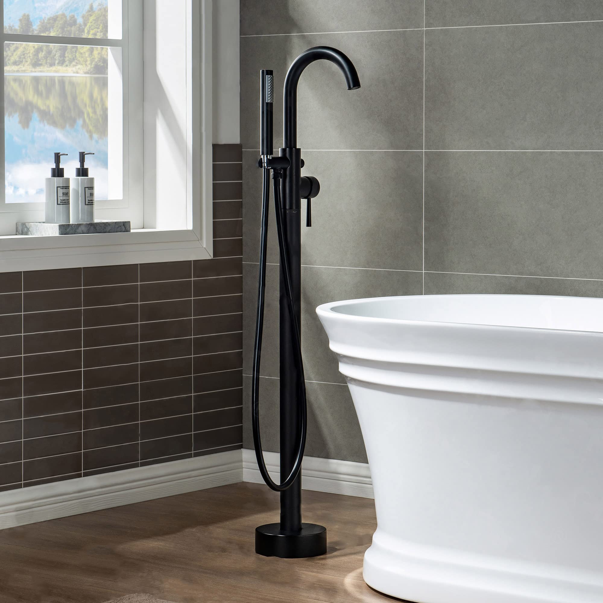 WOODBRIDGE Freestanding Tub Filler Bathtub Floor Mount Brass Bathroom ...
