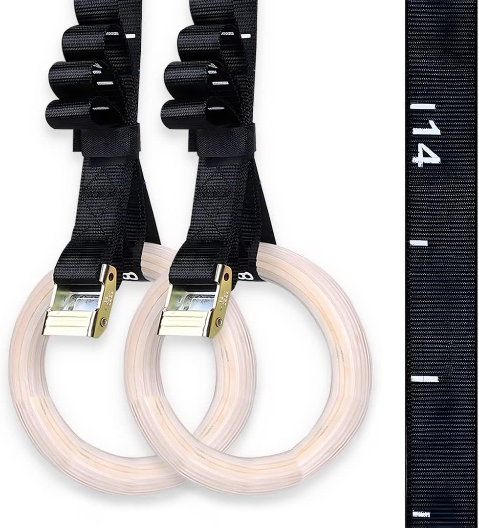 B Fit Wooden Gymnastic Rings with Heavy Duty Adjustable Straps for Gym ...
