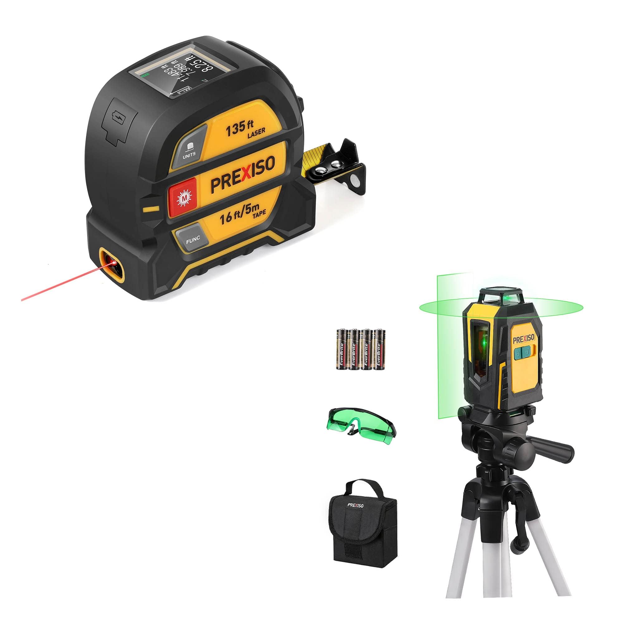 PREXISO 2-in-1 Digital 135Ft Rechargeable Laser Tape Measure & PREXISO ...