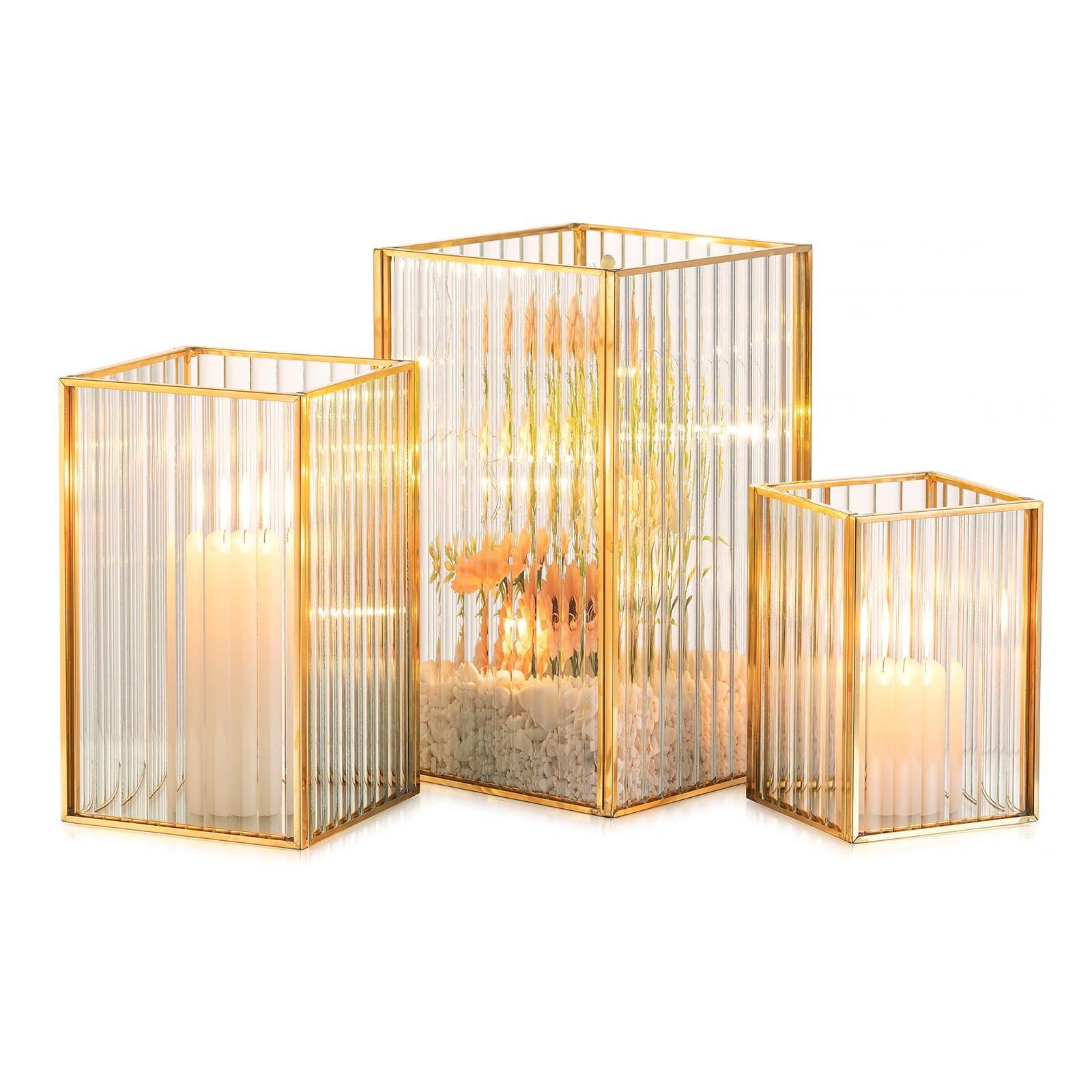 Amazon.com: Hewory Gold Hurricane Candle Holder: 3PCS Ribbed Hurricane ...