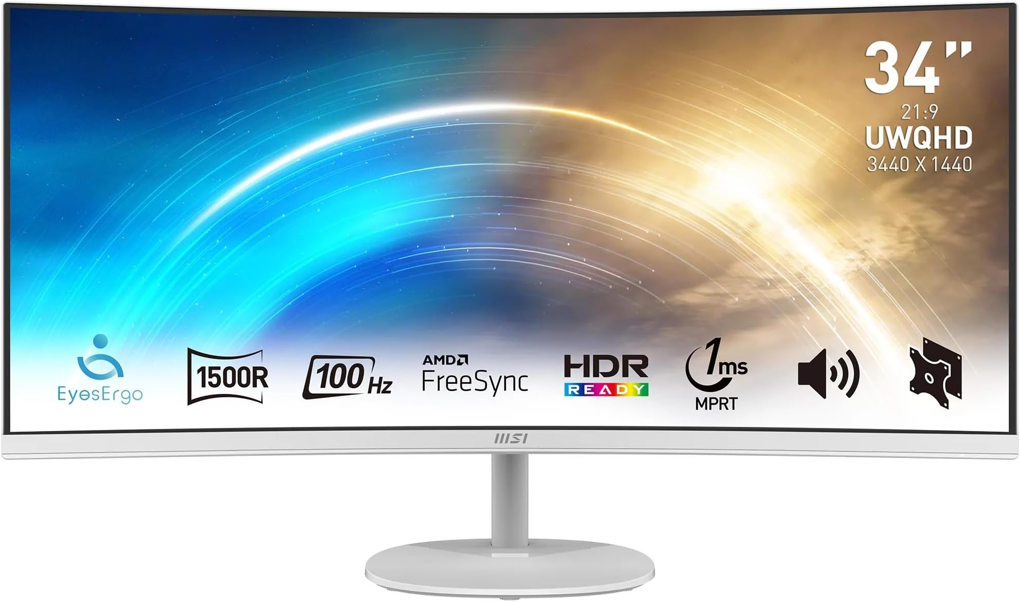 MSI 34" PRO MP341CQW Kurumsal Monitör, Kavisli, UWQHD 1500R VA 100HZ 1MS Anti-Glare, Beyaz ...