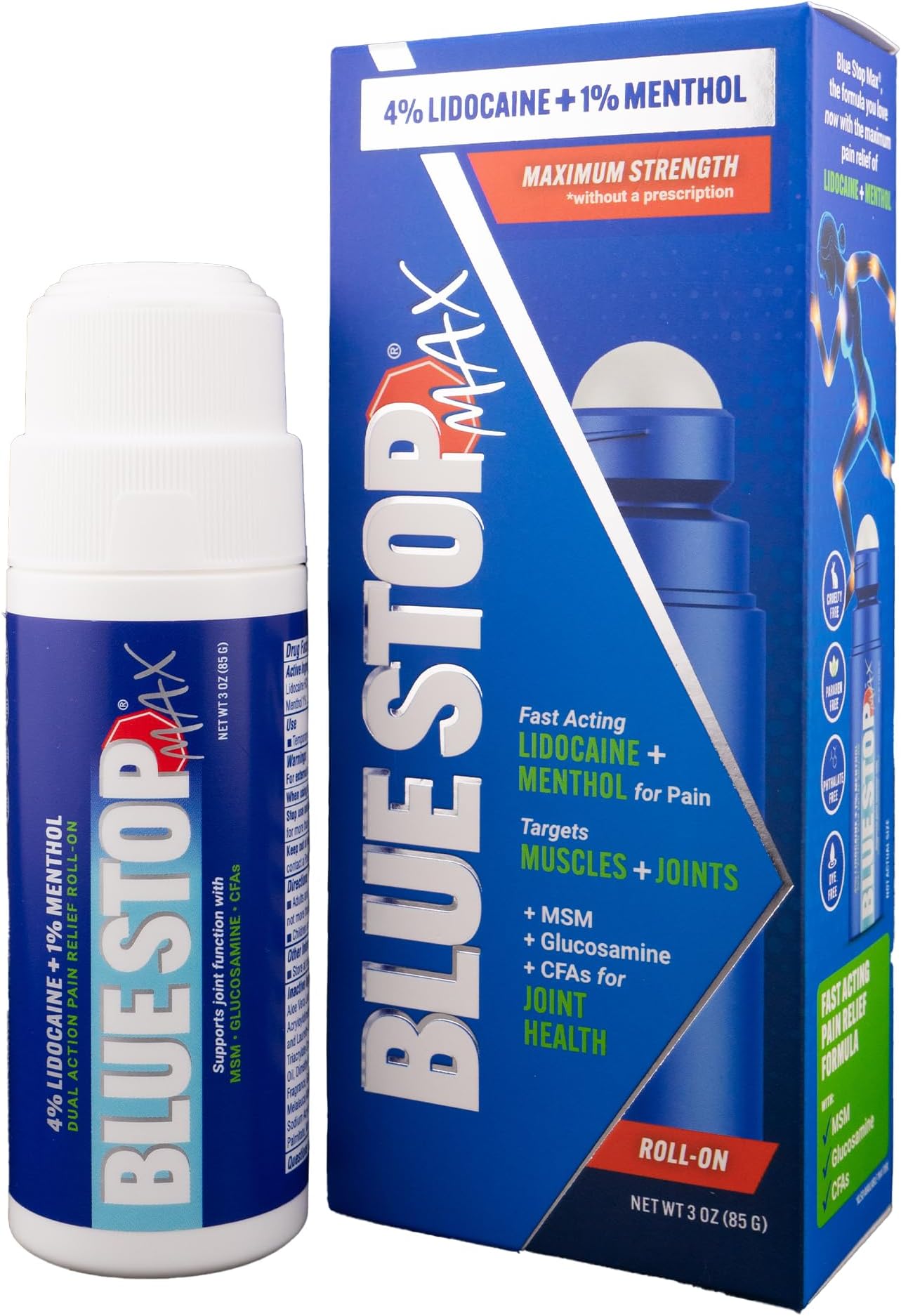 Amazon.com: Blue Stop Max Lidocaine Roll On Maximum Strength- 4% ...