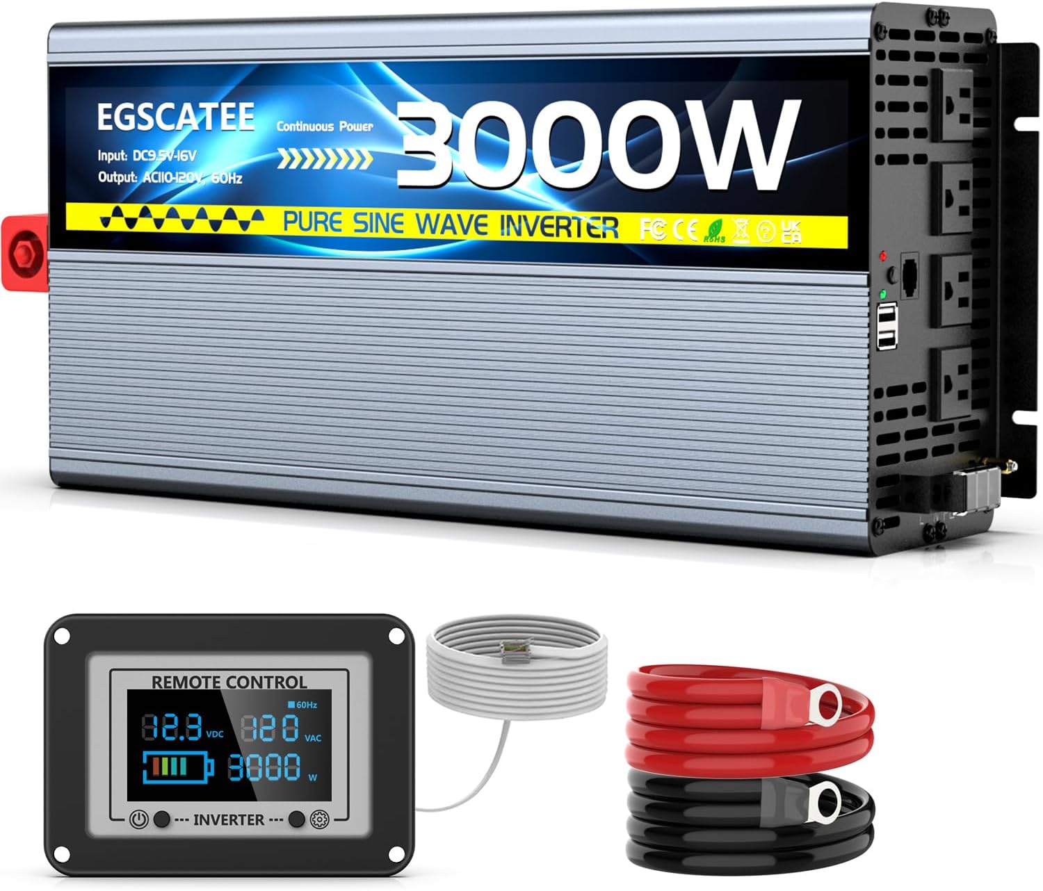 EGSCATEE 3000W Pure Sine Wave Inverter 12V DC to 110V/120V AC Inverter ...